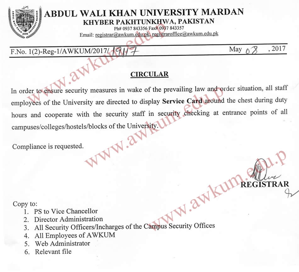 Abdul Wali Khan University Mardan: Circular Form Office of The Registrar