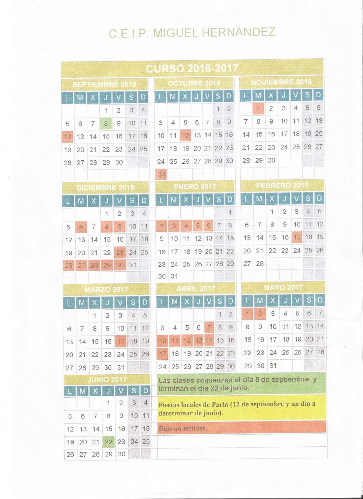 La clase del profe Pedro: CALENDARIO ESCOLAR CURSO 2016-2017