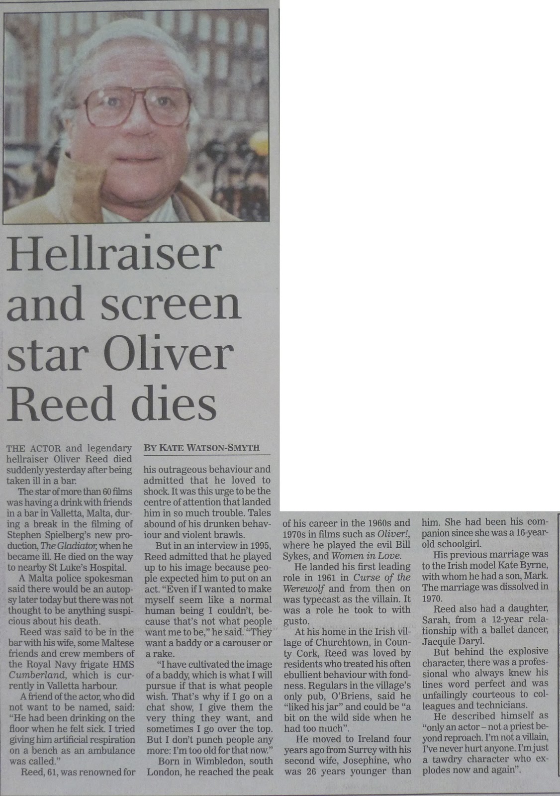 Hold The Front Page: Oliver Reed Dies in Pub