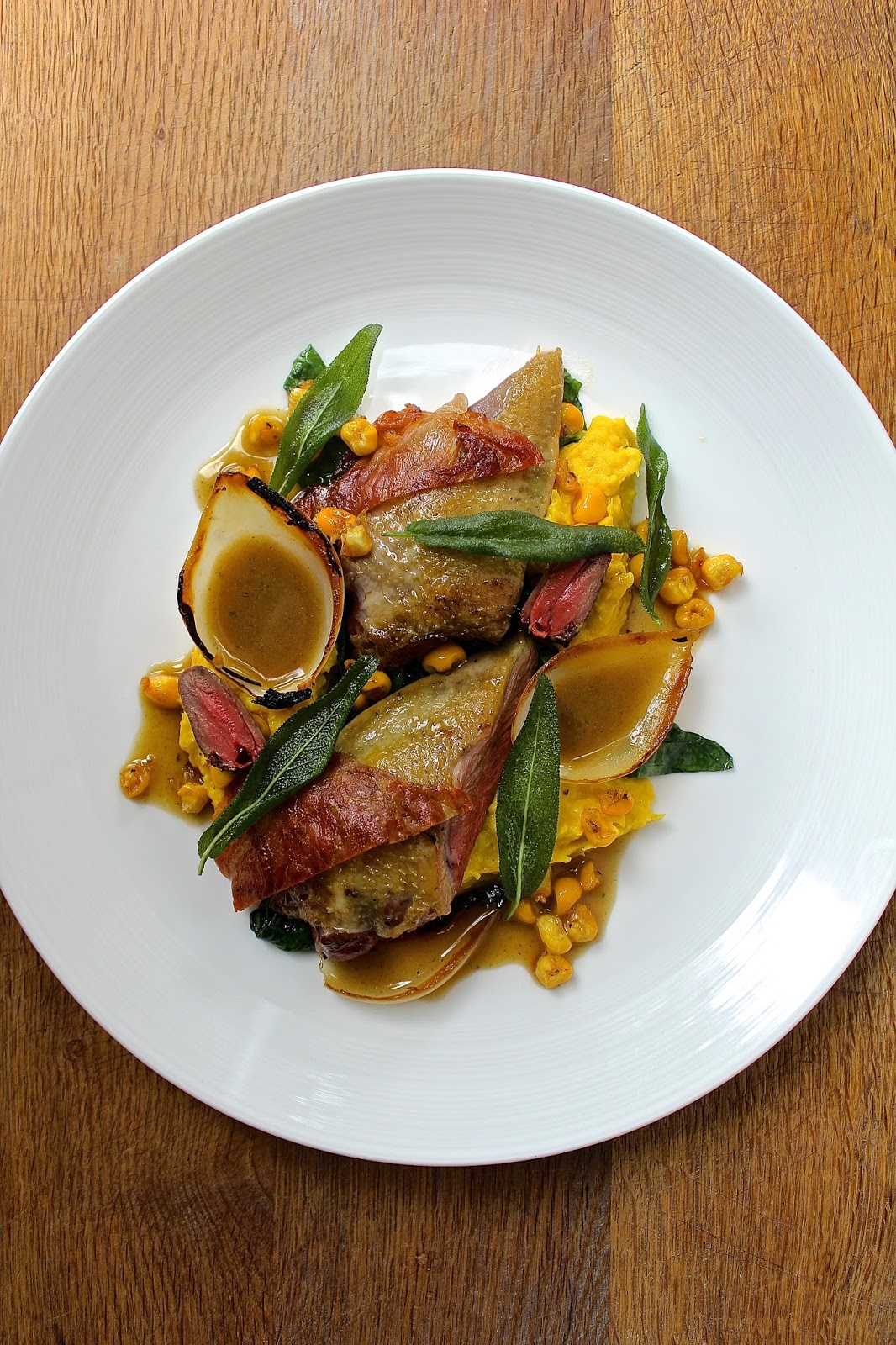 Sam Cooks Food: Roast pigeon with prosciutto, sweetcorn, sage and onions