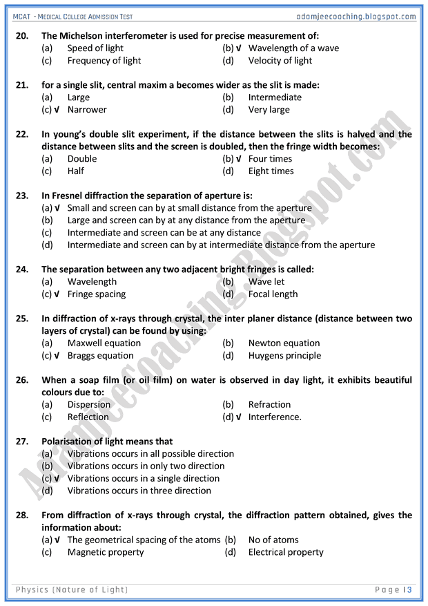 Adamjee Coaching: MCAT Physics [Nature of Light] Mcqs for Medical Entry ...