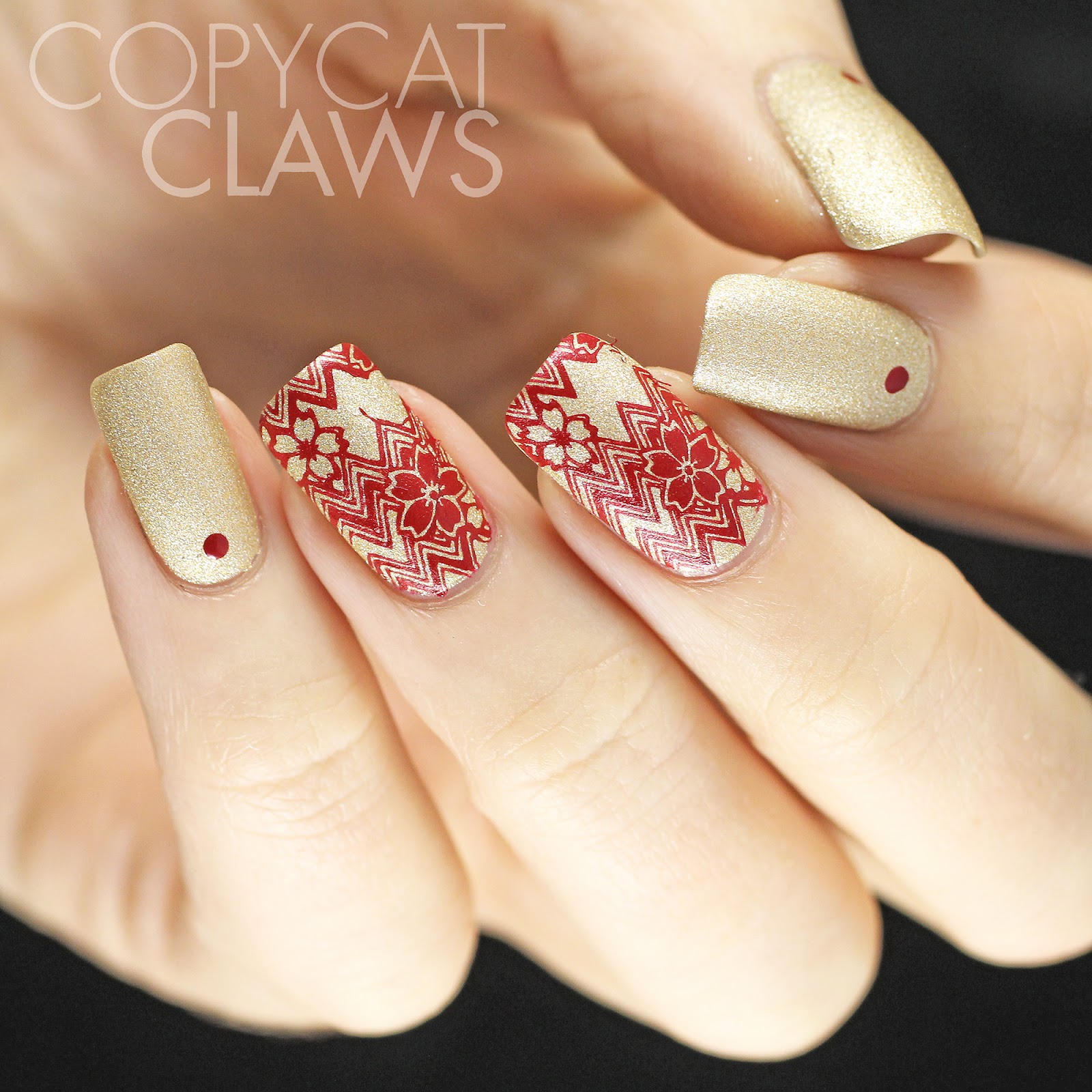 Copycat Claws: Red and Gold Chevron Nail Stamping