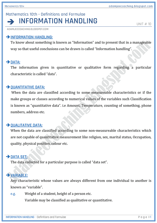 Adamjee Coaching: Information Handling - Definitions and Formulae ...