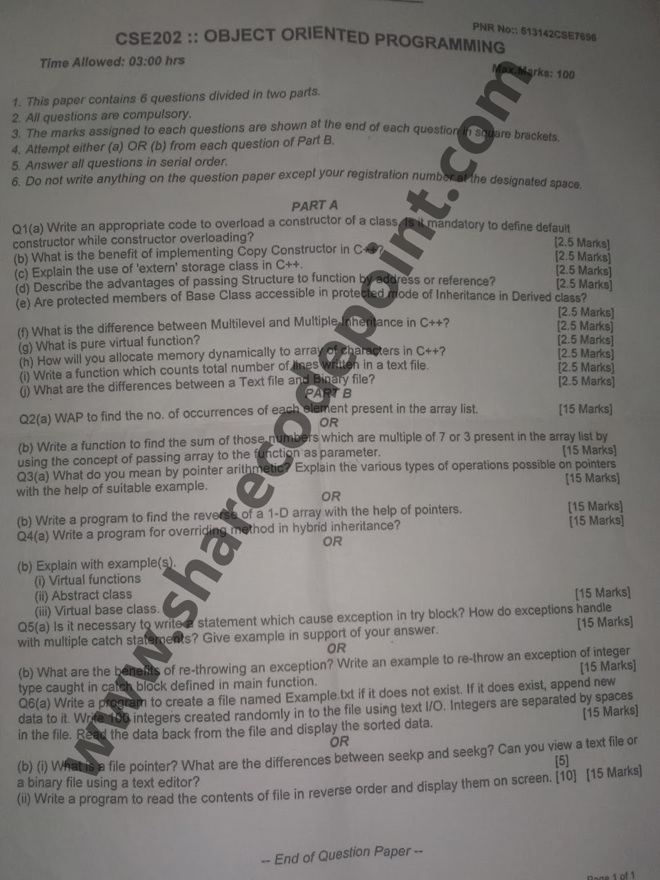 Cse202 Object Oriented Programming End Term Exam Question Paper C Question Paper 100 Marks