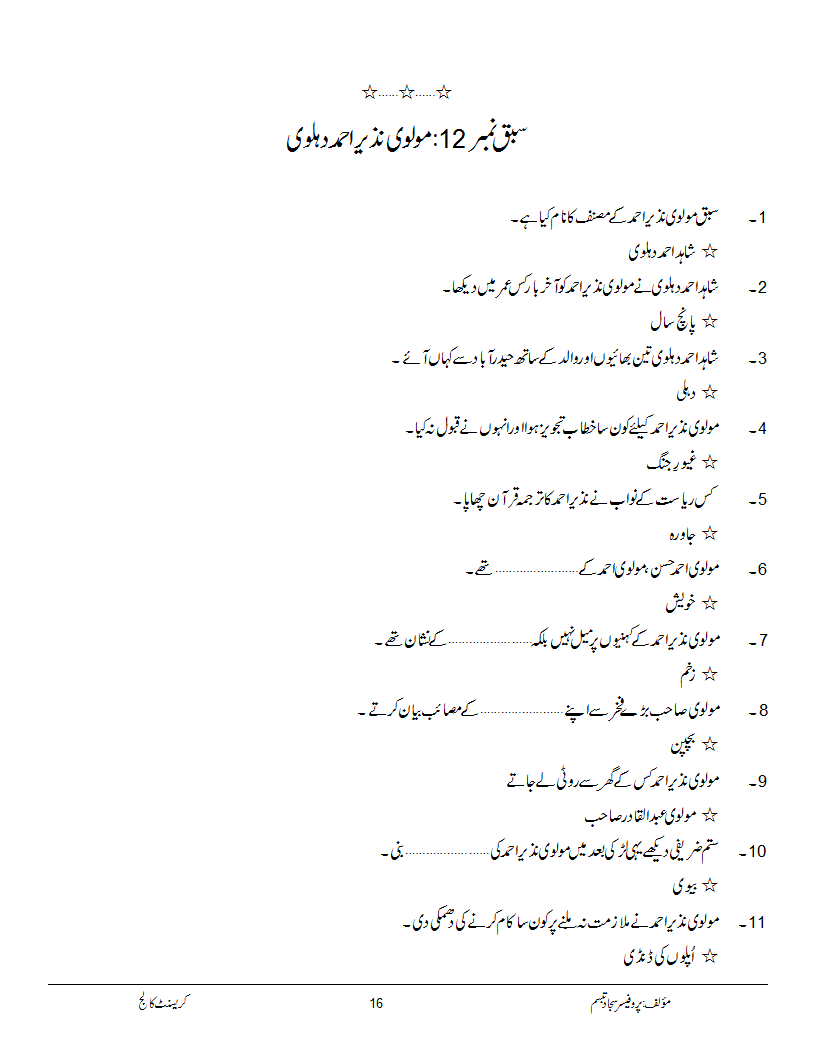 سجاد تبسم اردو: Urdu notes for Class 12 (second year) updated objective