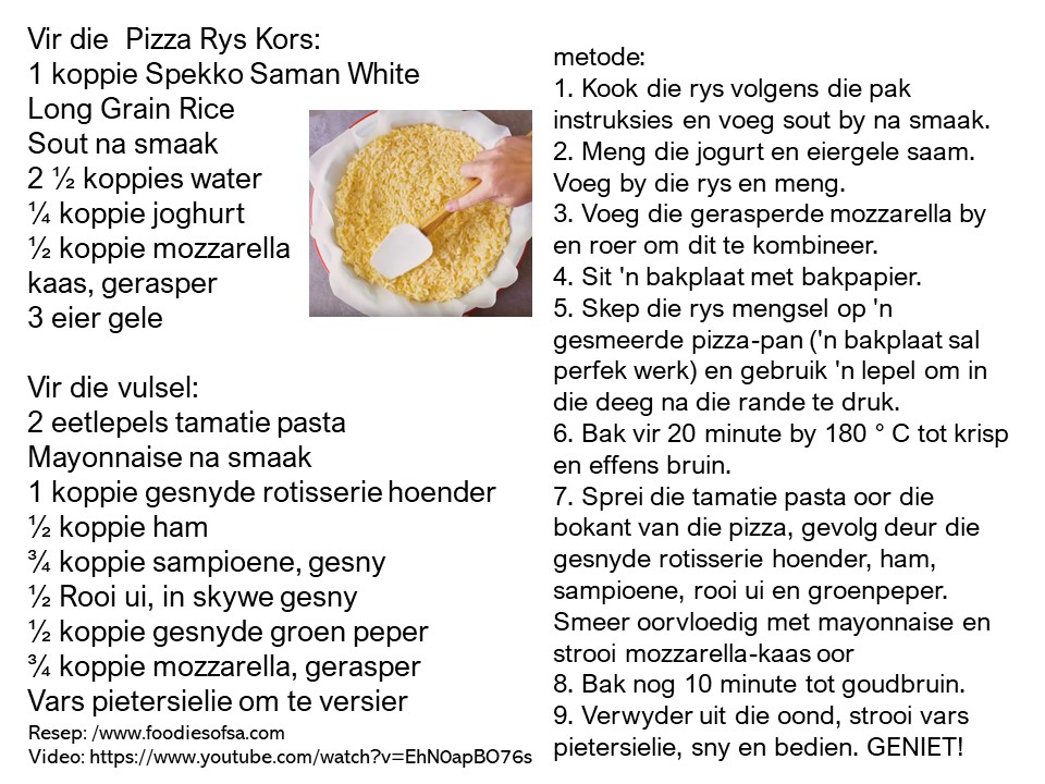Lekker Resepte : Kaaserige Rys Pizza Rys Kors