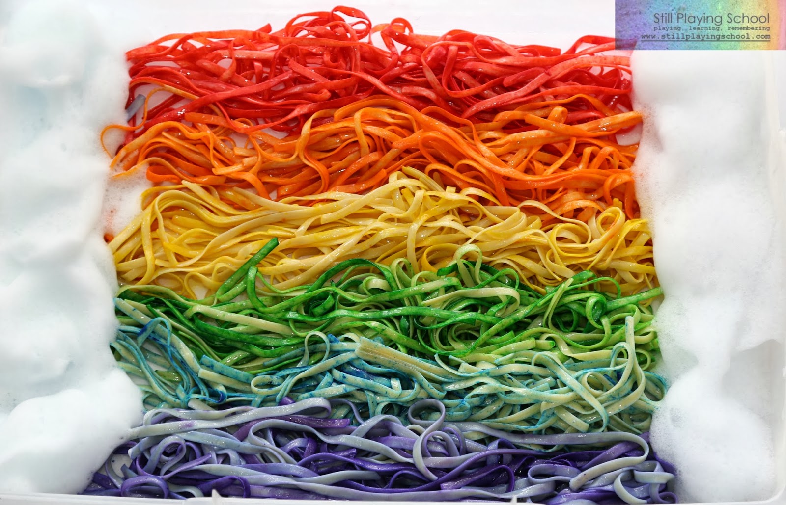 Rainbow Cooked Pasta Sensory Play with Foam Clouds | Still Playing School