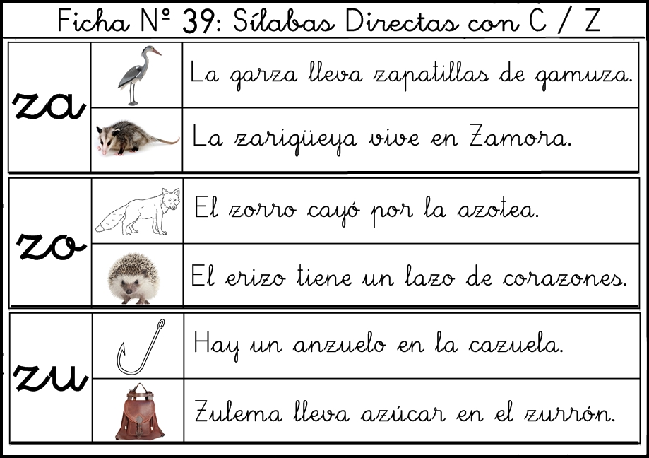 Prim-Erizos: Cartilla de Lectura - Sílabas Directas z / c