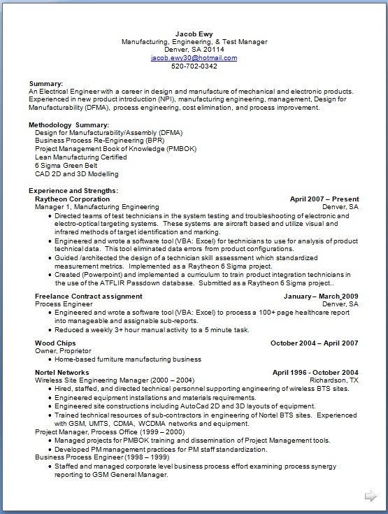 Manufacturing Engineer Resume Samples in Word Format Free Download