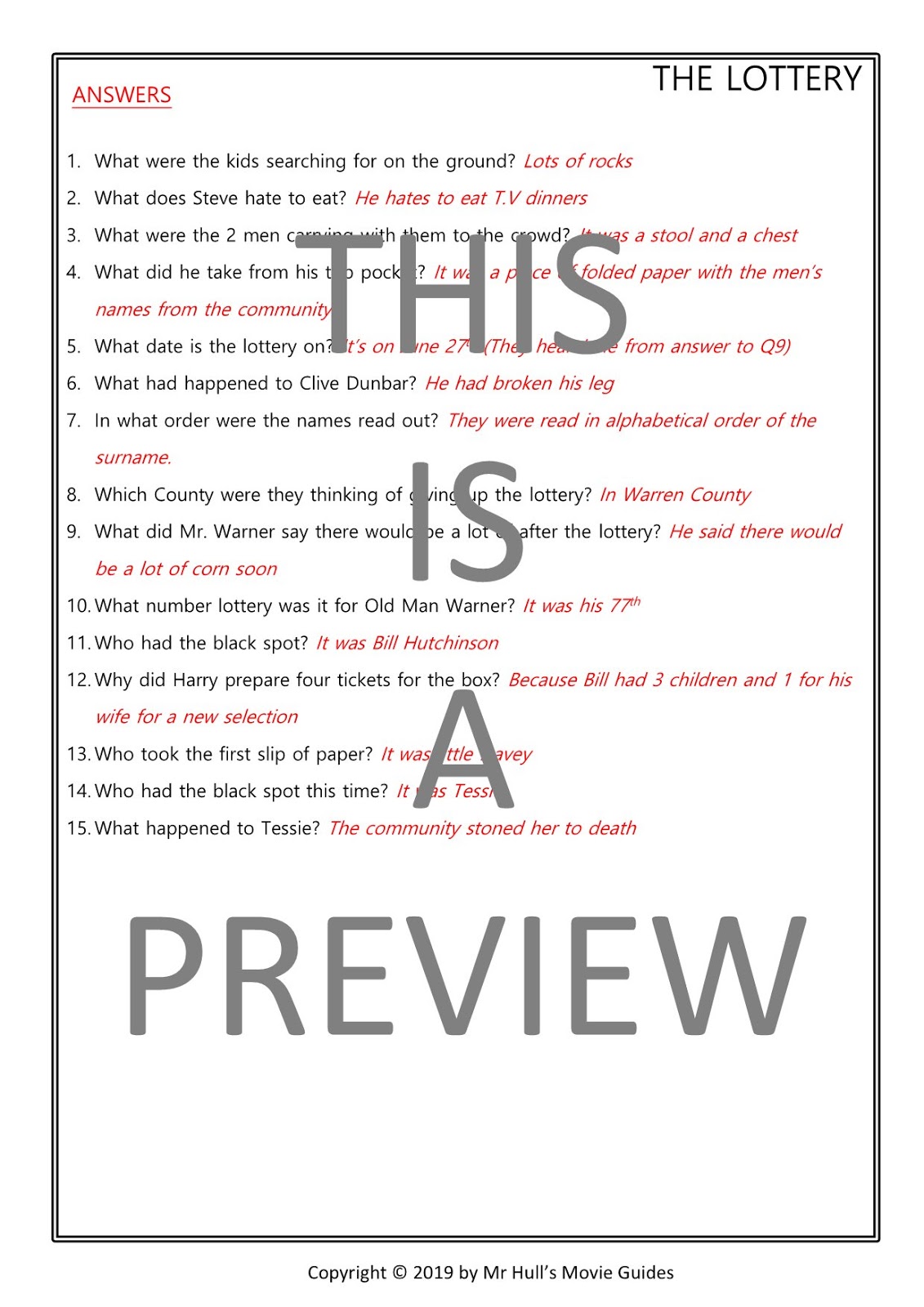 The Lottery by Shirley Jackson - Short Film Guide + Extension Questions ...