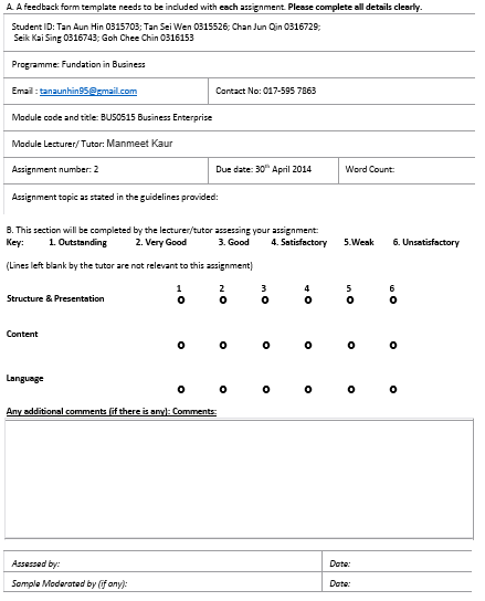 Tesco Hypermarket (Paradigm Mall): Assignment Feedback Form