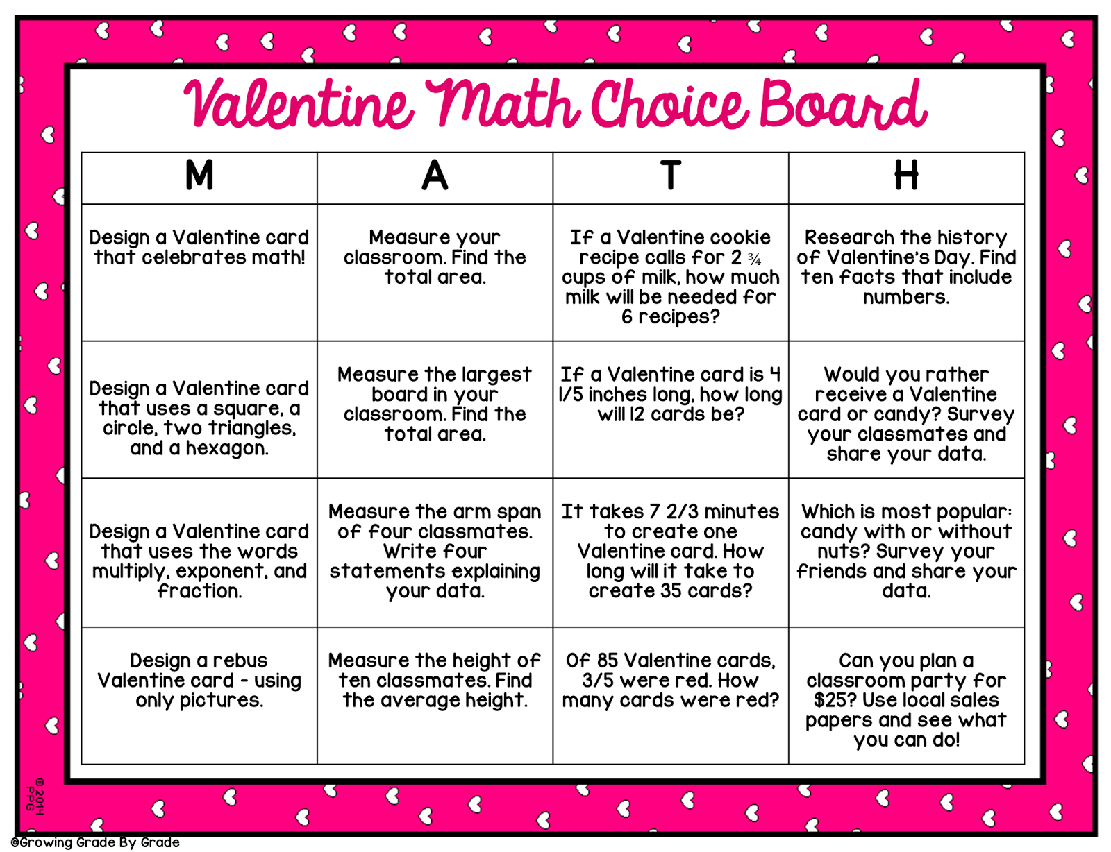 Growing Grade by Grade: Valentine Math Choice Board FREEBIE