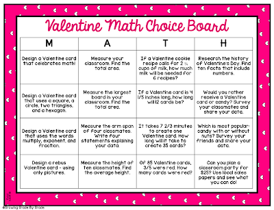 Growing Grade by Grade: Valentine Math Choice Board FREEBIE