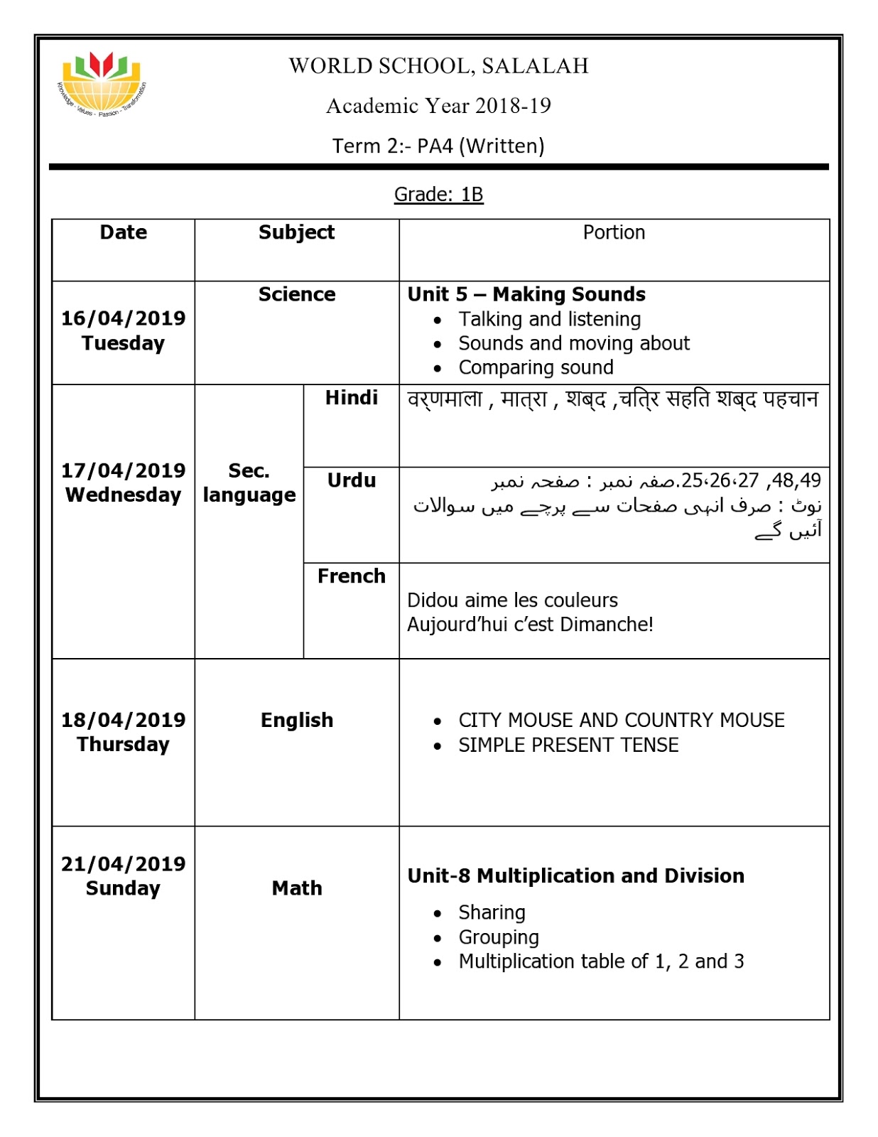Birla World School Oman: PA4-Portion with Exam Dates for Grade 1