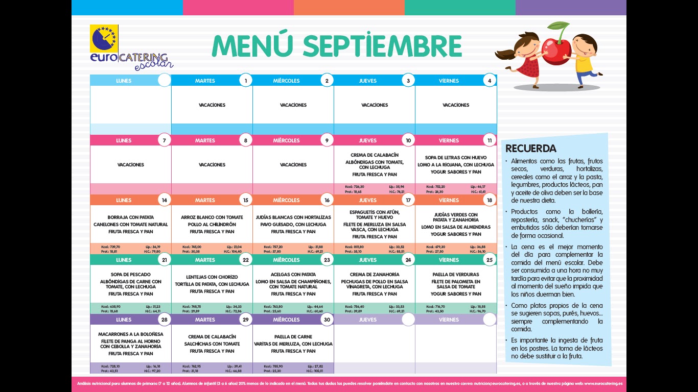 CENTRO DE EDUCACIÓN INFANTIL Y PRIMARIA LUIS VIVES: MENU DE SEPTIEMBRE