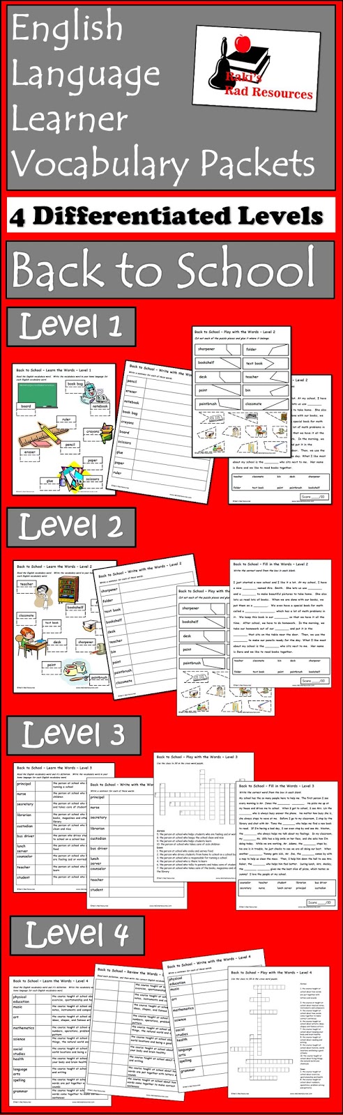 Back to School Vocabulary Packet for ELL Students - Classroom Freebies