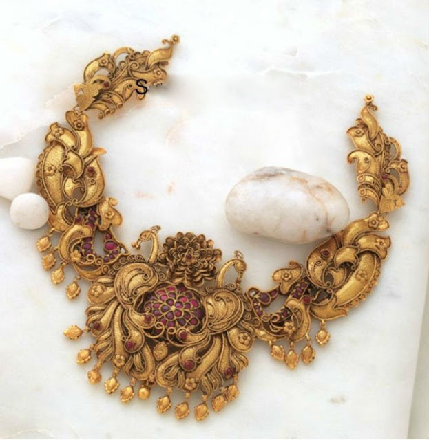 Antique work Broad Peacok Choker - Jewellery Designs