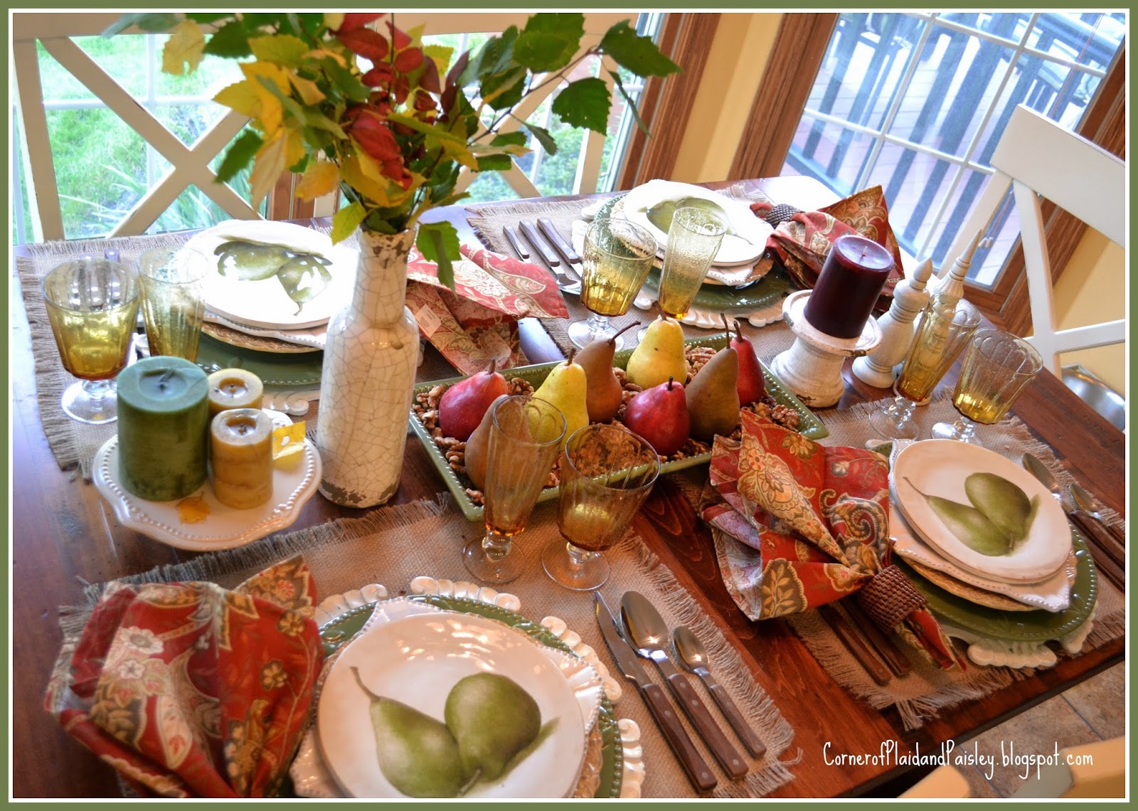 Pear Tablescape- the start of Fall - Corner of Plaid and Paisley