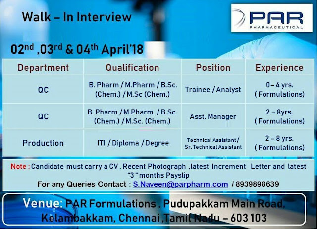 Walk in for PAR Pharmaceutical on 2 ,3 & 4th April 2018