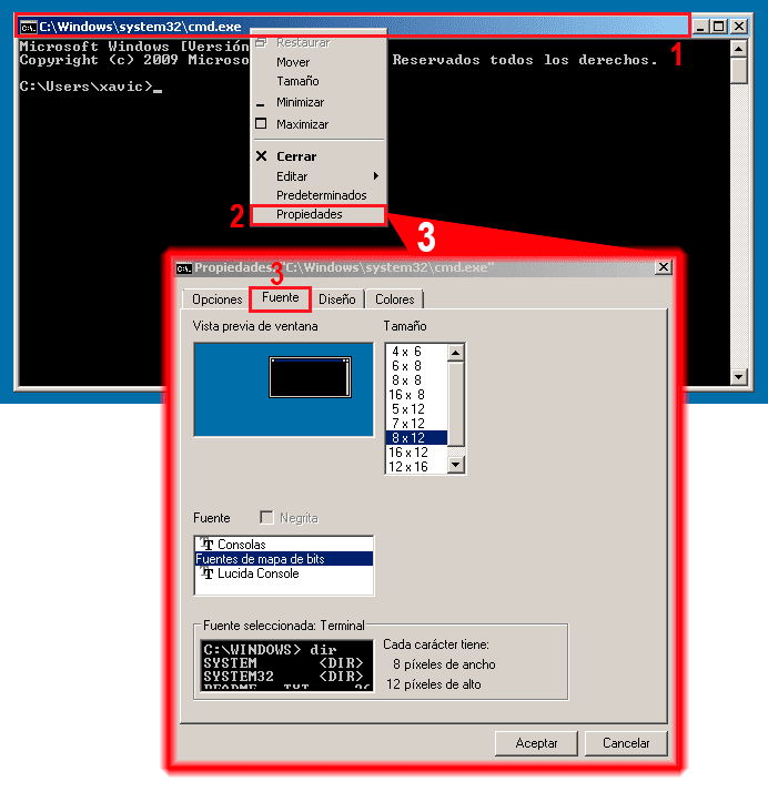 Pantallazos.es: Windows CMD: Configurar tamaño de las fuentes y agregar ...