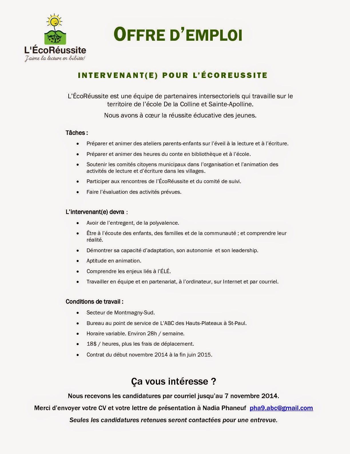 La CDC ICI Montmagny-L'Islet: OFFRE D'EMPLOI (L'ÉCOREUSSITE)