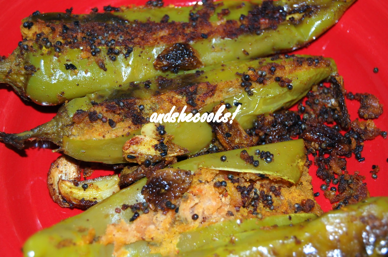 AndSheCooks!: Bharva Mirchi- Stuffed Green Chilli Peppers with Besan or ...