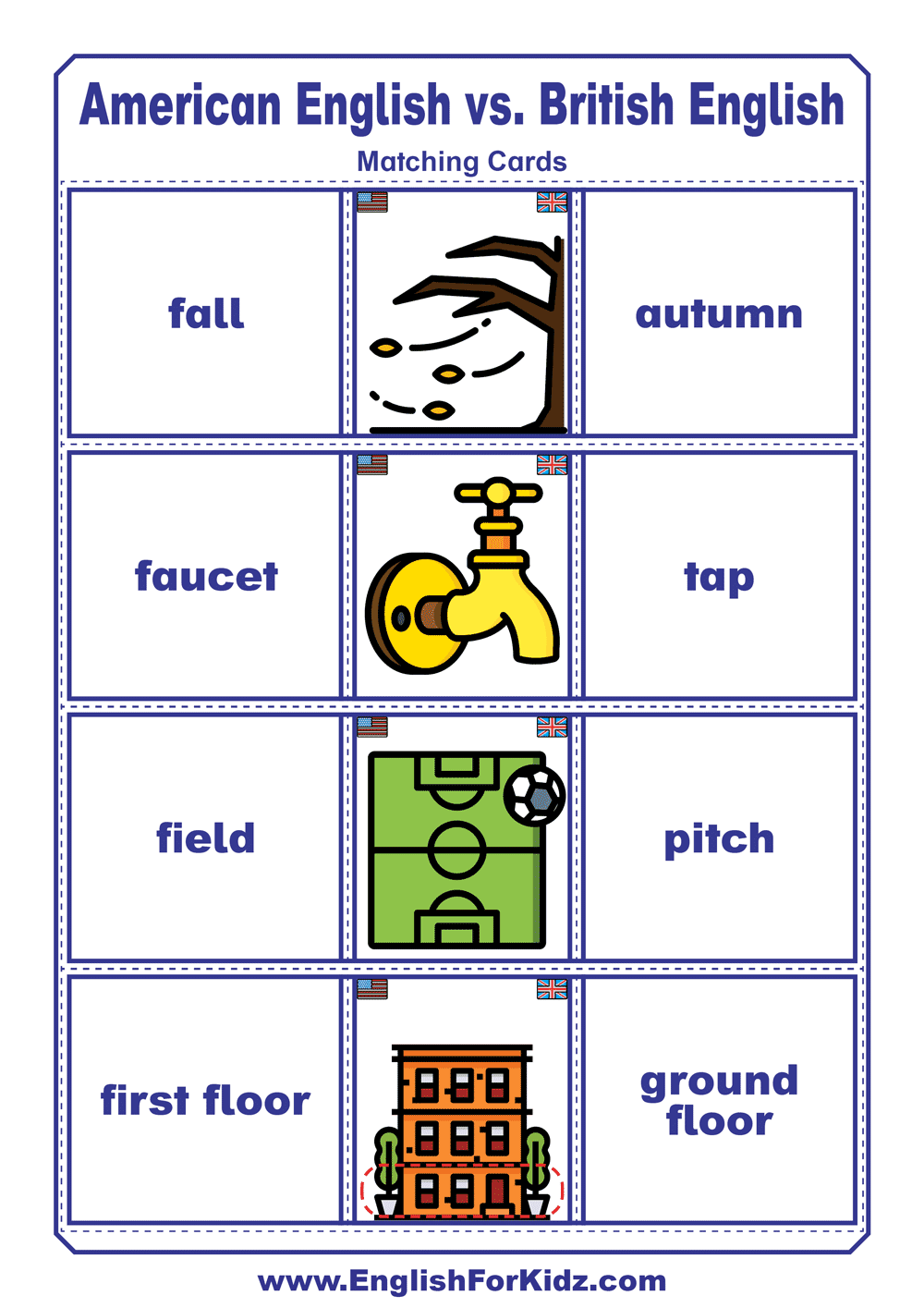 British Vs American English Boardgame Worksheet Free