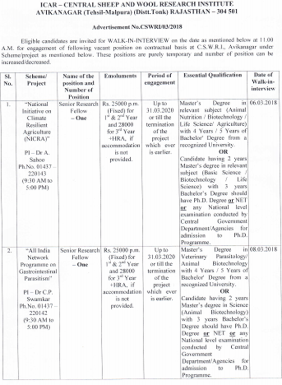 CSWRI Animal Biotech/Parasitology SRF Walk INs
