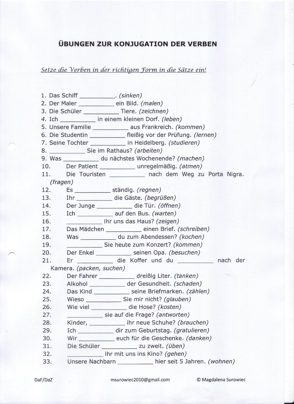 "Aspekte der Germanistik": Übungen zur Konjugation der Verben
