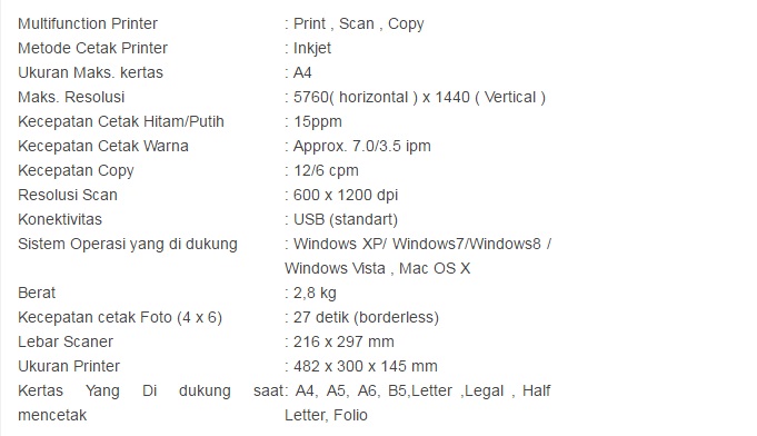Spesifikasi Printer Epson L220 ~ Esa Computer Subulussalam