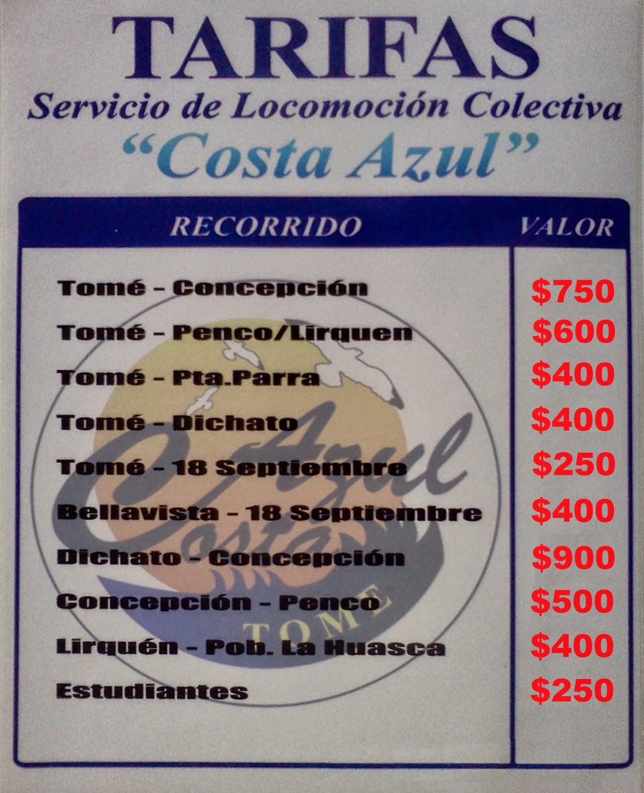 Buses Costa Azul S.A.: Horario de Buses Costa Azul S.A.: Tomé - Concepción