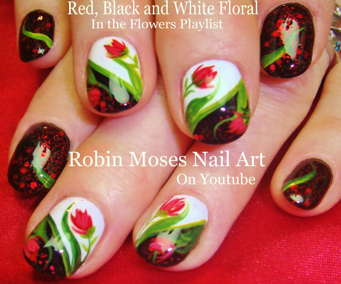 Nail Art by Robin Moses: DIY Fall Nails! Red flowers on black and white ...