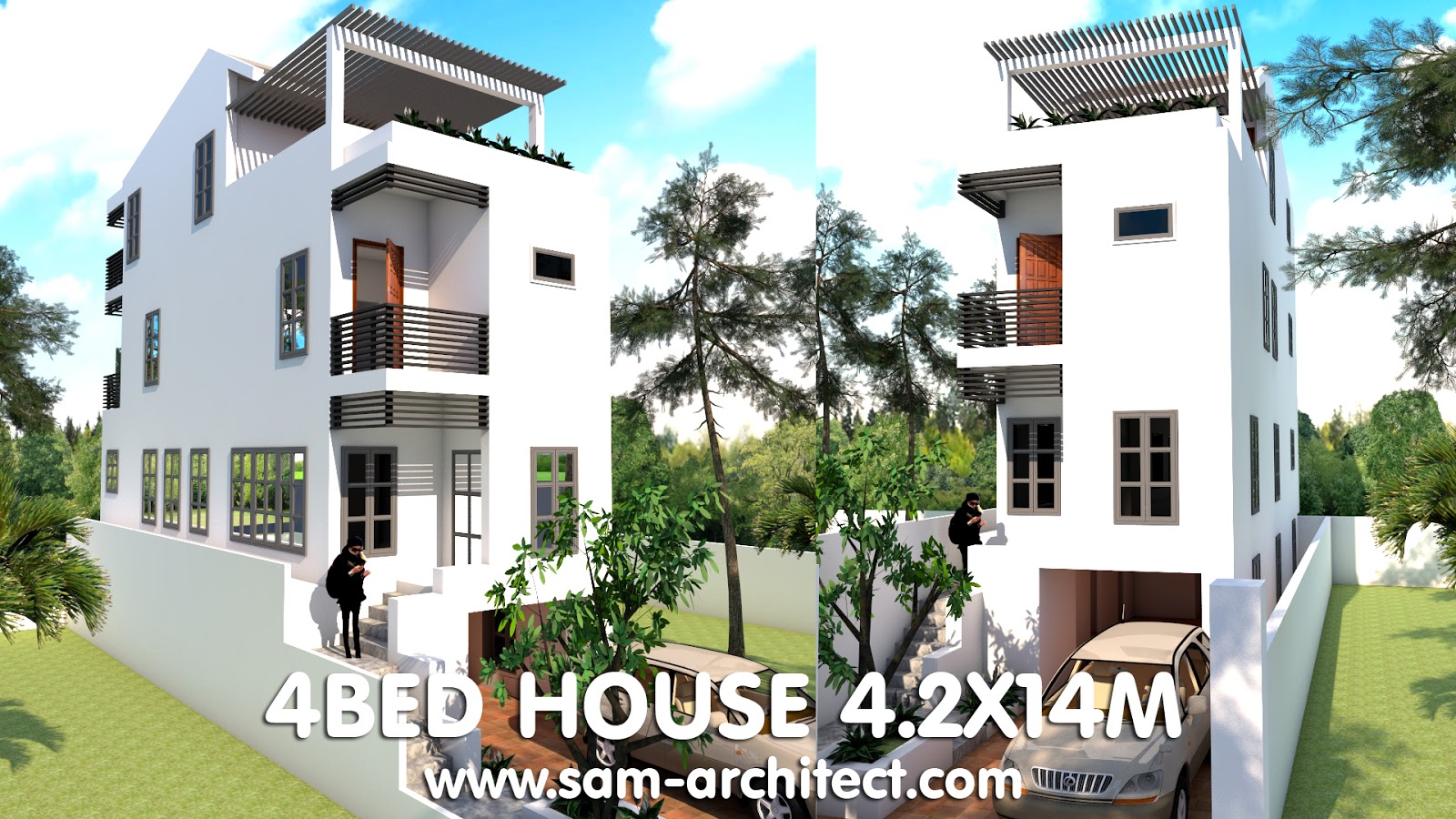 4 Stories Narrow House 4.2x14m With 4 Bedrooms Plan - Sketchup - House ...