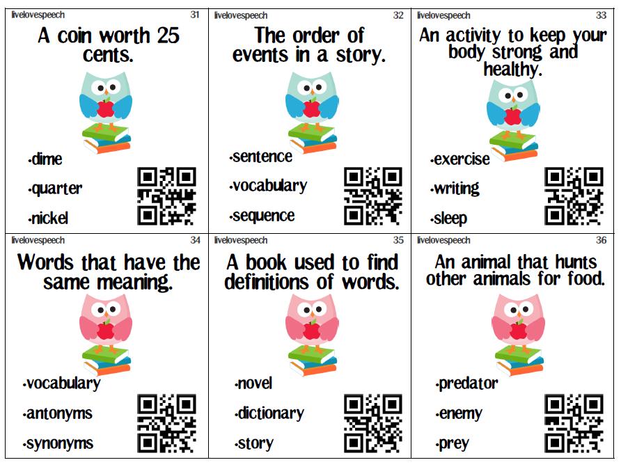 Live Love Speech: QR Codes: School Time Owl Vocabulary {NEW Activity}