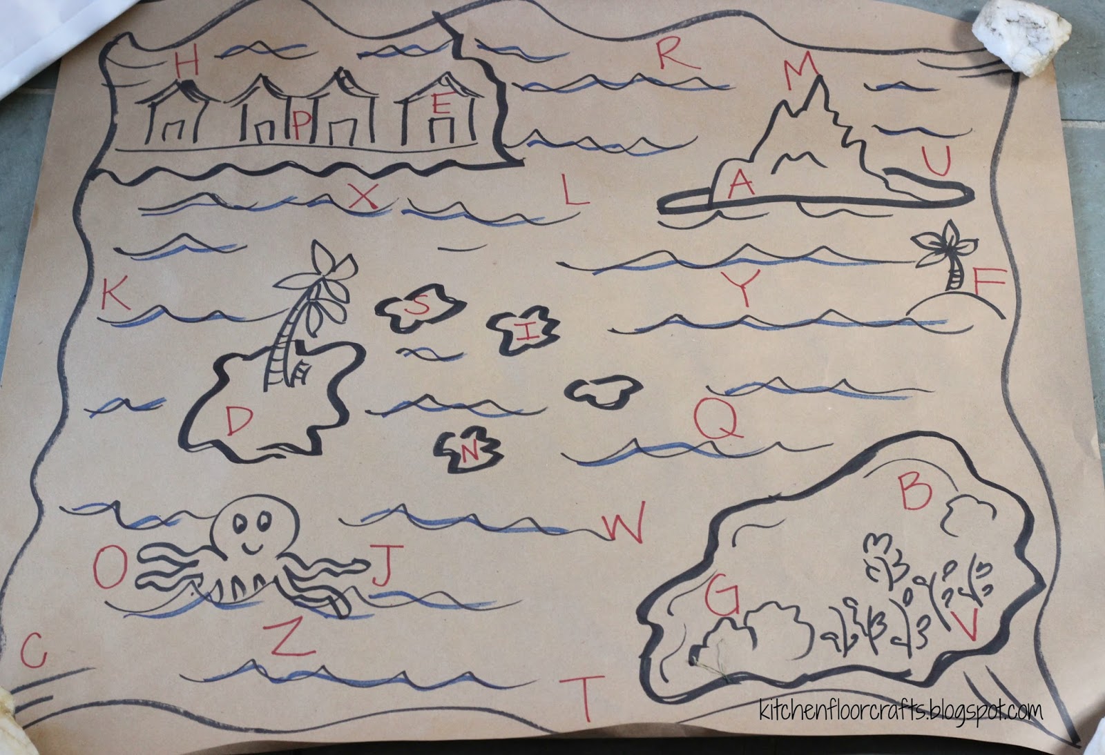 Kitchen Floor Crafts: Pirate Treasure Sensory Bin & Letter Map Match