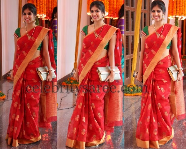 Pretty Lady in Red Chanderi Saree - Saree Blouse Patterns