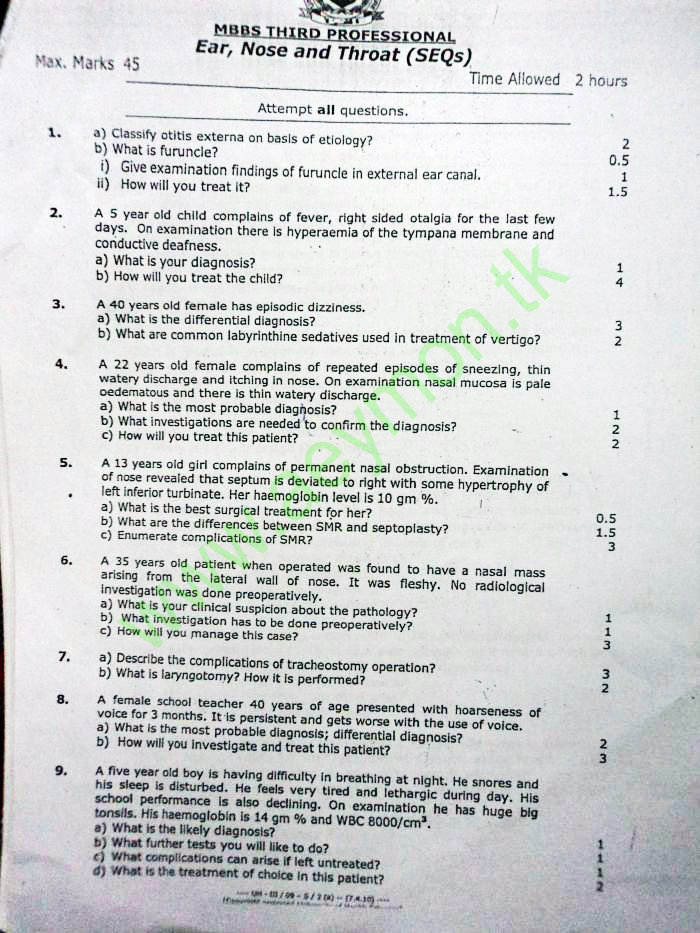 Medical College Stuff: 4th Year MBBS Past/Old SEQ papers of ENT by UHS