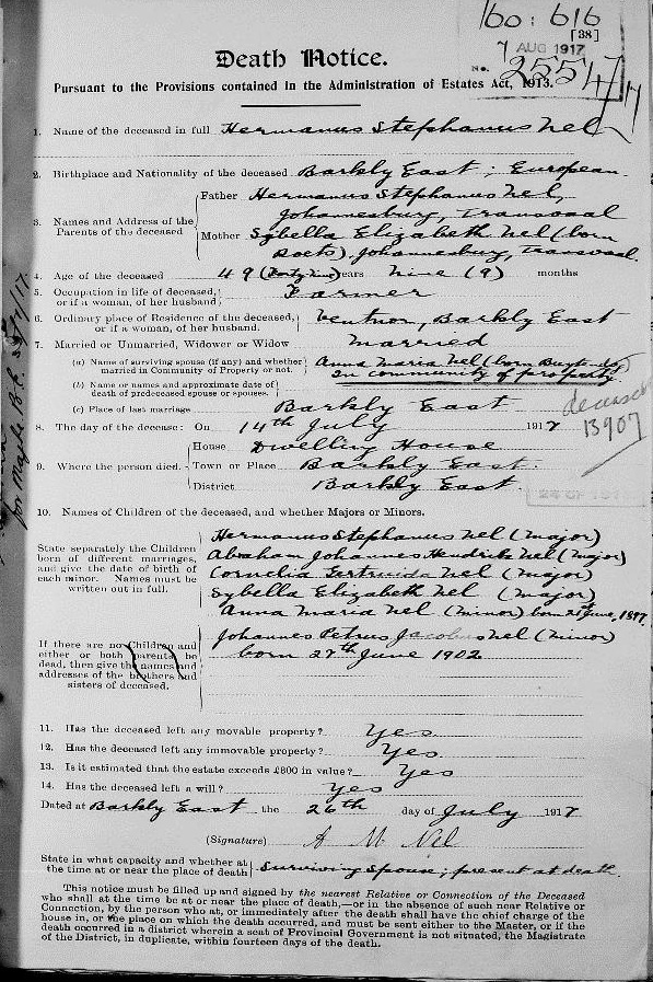 Familie-legkaart: h.2. Hermanus Stephanus NEL, geb. 14/10/1867