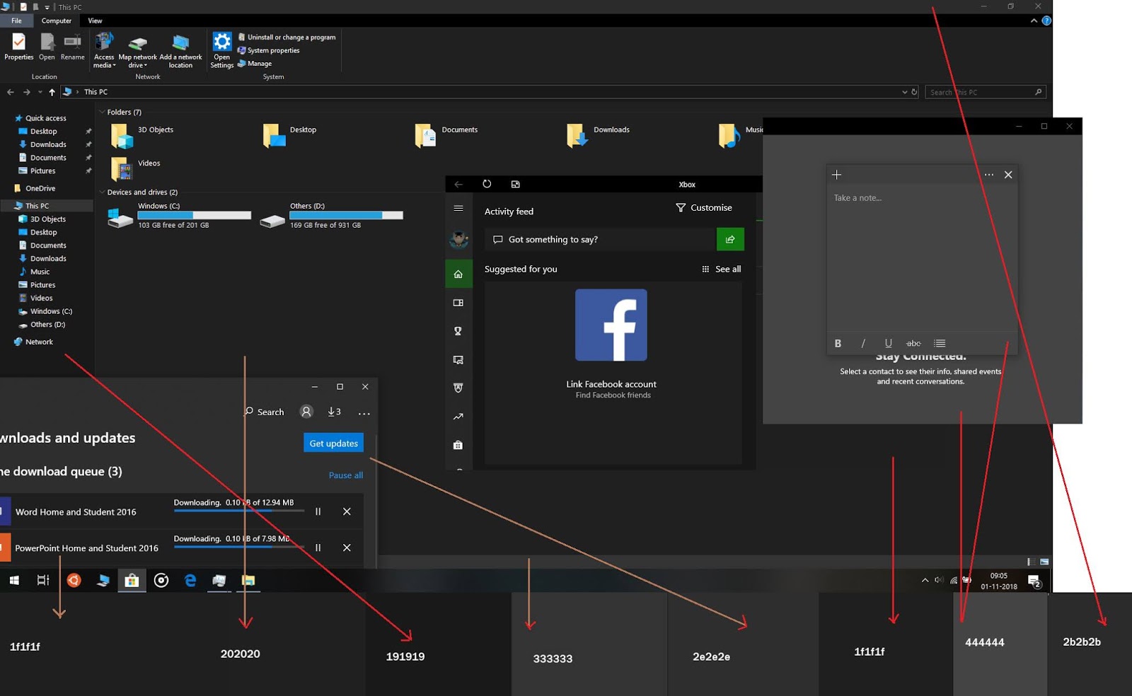 Microsoft utilizza 8 tonalità di grigio per il Tema scuro di Windows 10