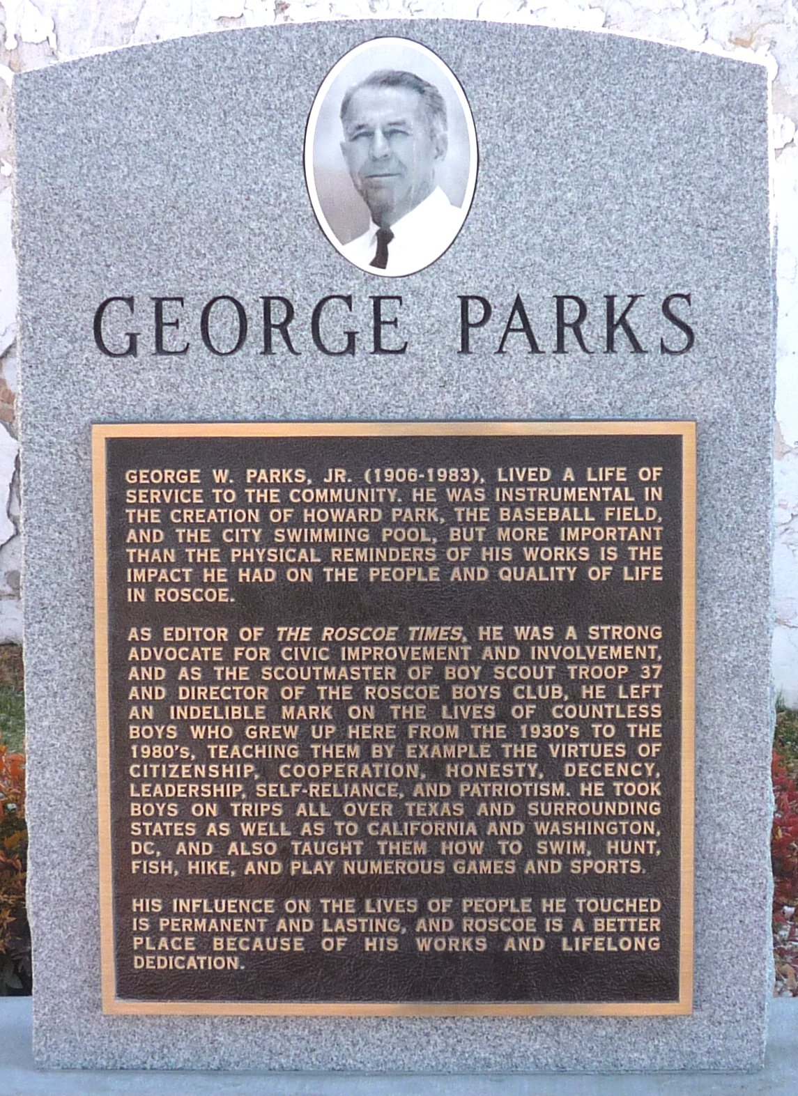 Roscoe Hard Times: George Parks Memorial Now in Memorial Park