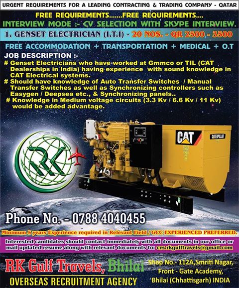 QATAR : 20 Genset Electricians Required For a Leading Contracting and ...