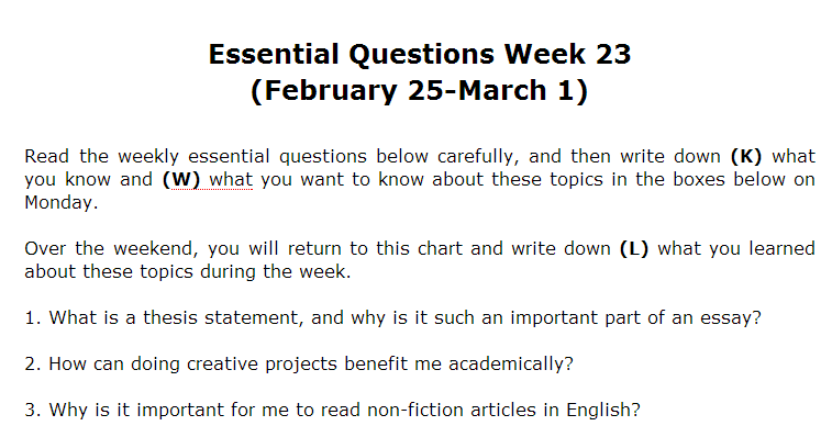Adopt and Adapt ICT-in-ELT: Weekly KWL Essential Questions