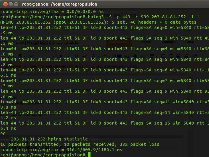 [Linux] Hping3 DDOS di ubuntu 12.10 ~ Share the Network