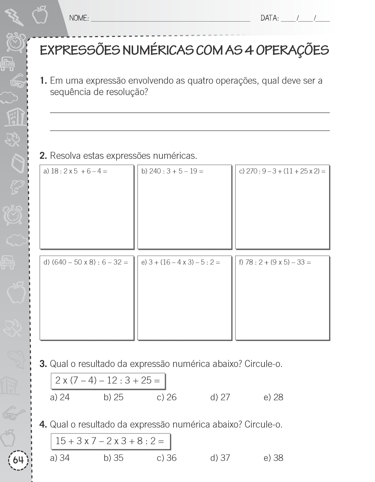 Atividades Expressões Numericas 4 Ano - NAZAEDU