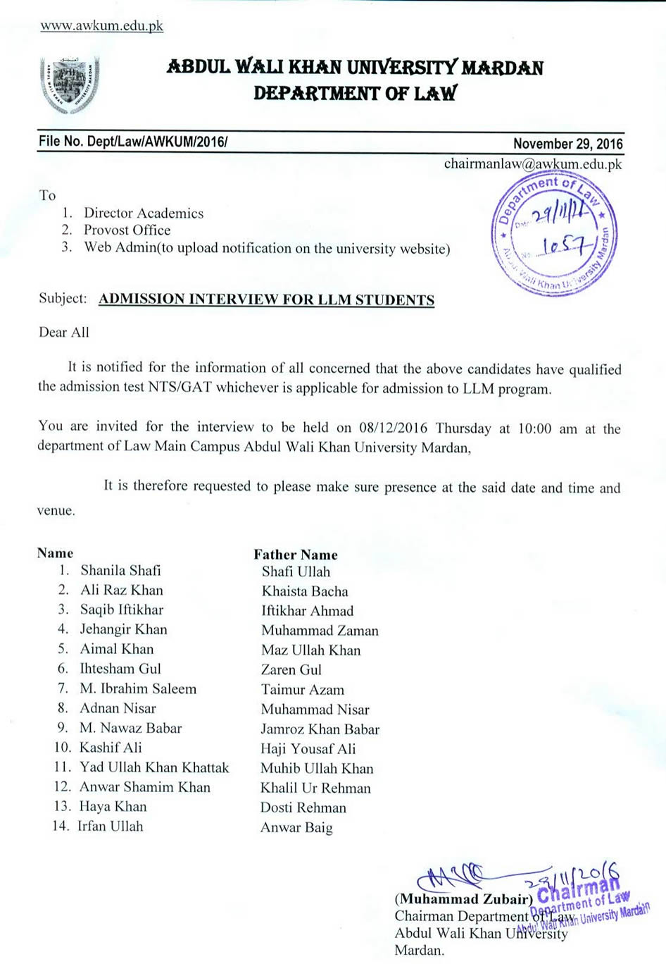 Abdul Wali Khan University Mardan: Admission Interview for LLM