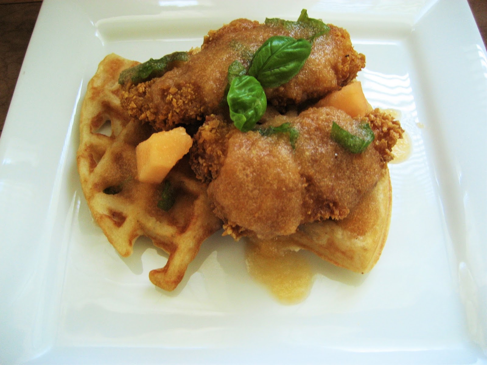 BLOG BY BINNS: Chicken and Waffles with a Basil Infused Cantaloupe Syrup