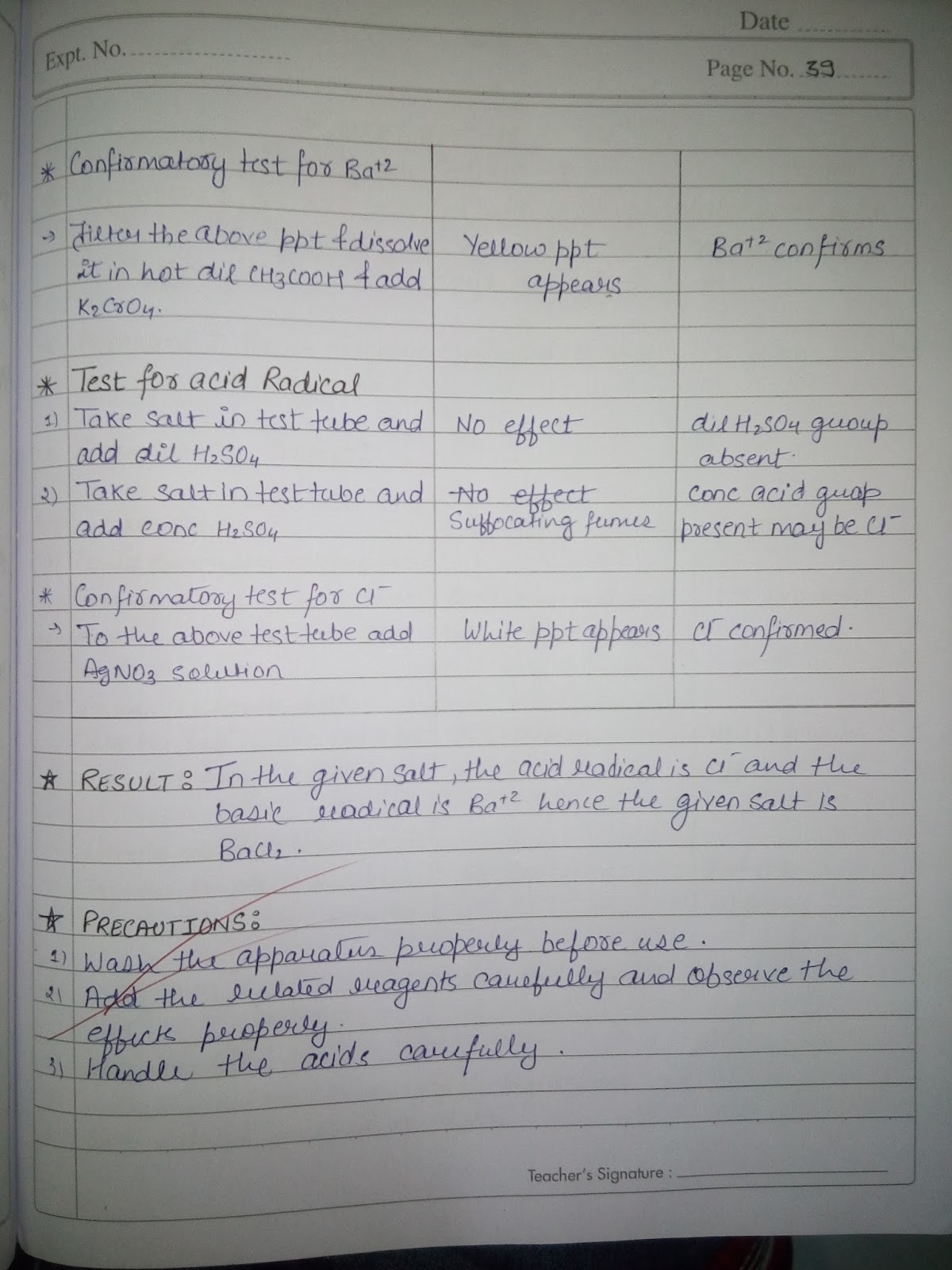 To Detect One Acid And One Basic Radical Salt Experiment : BaCl2 ...