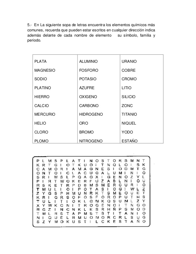 sopa de letras de la tabla periódica