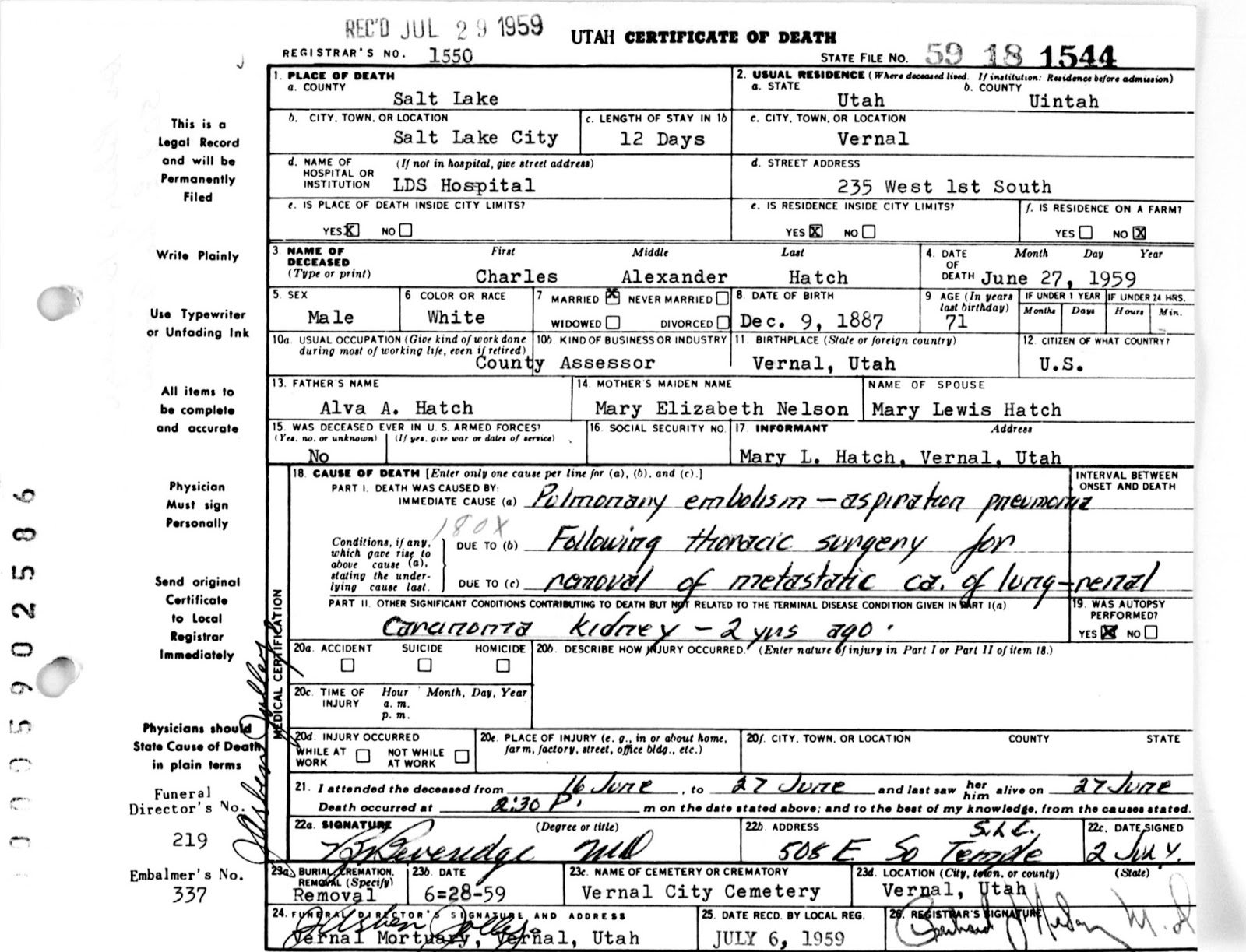 Asher and Birda Merkley: Death info on Charles Hatch