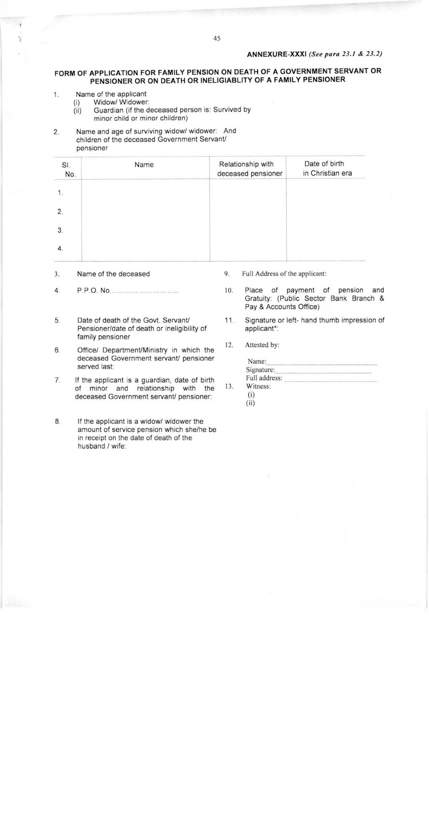 Application Form for Family Pension on Death of a Government Servant or ...